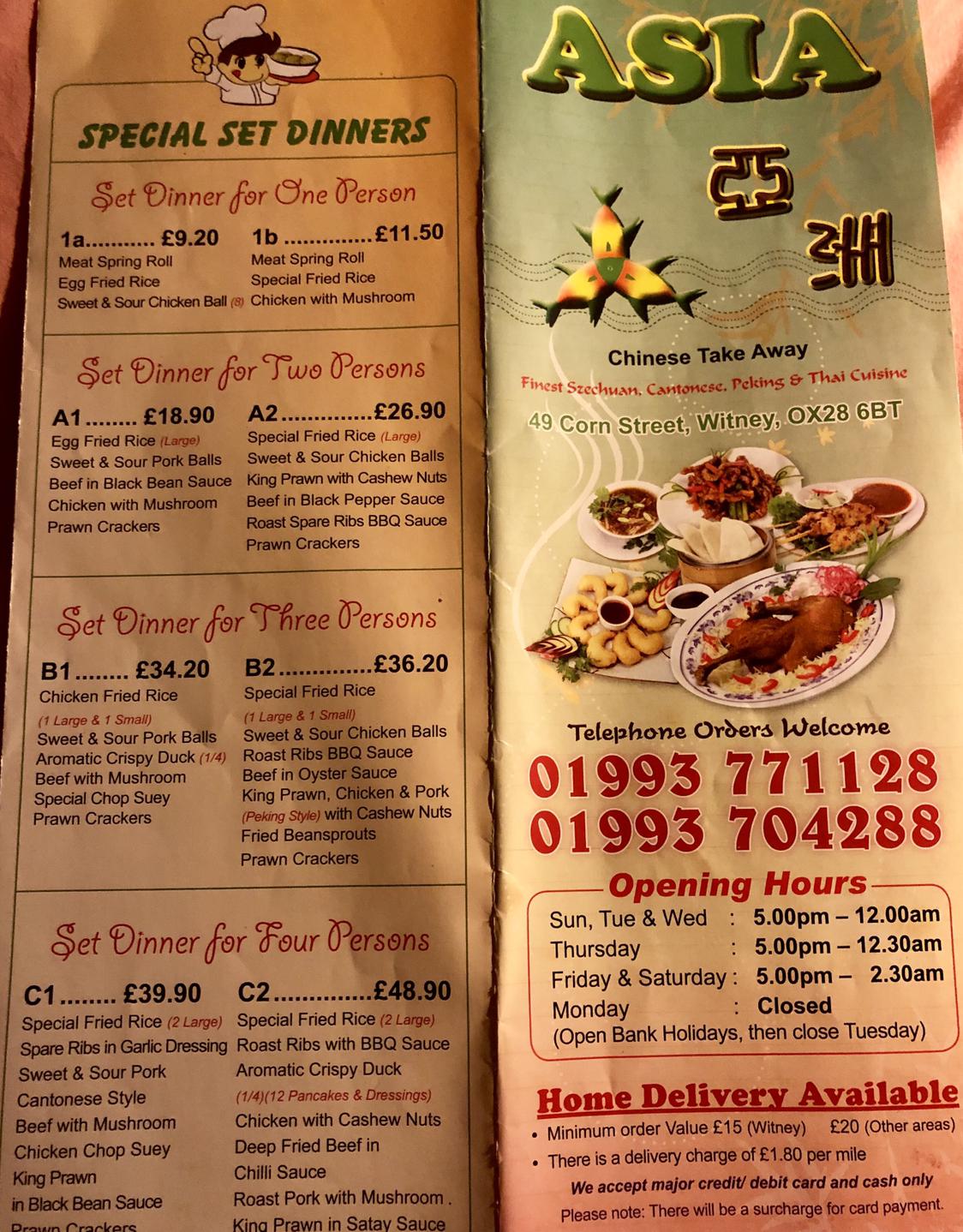 Menu at Asia Chinese Takeaway fast food, Witney