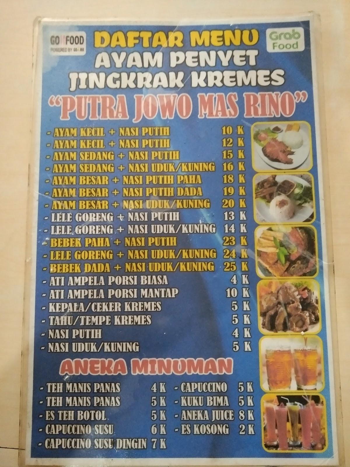 Menu at Ayam Penyet Jingkrak Kremes Mas Rino restaurant, Medan