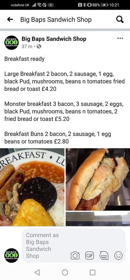 Menu at Big Baps Sandwich Shop restaurant, Middlesbrough