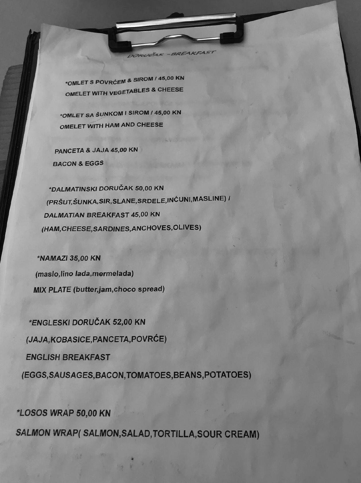 Menu at Bistro Toc restaurant, Split