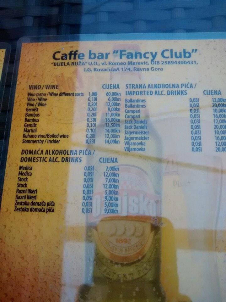 Menu at Fancy Club, Ravna Gora