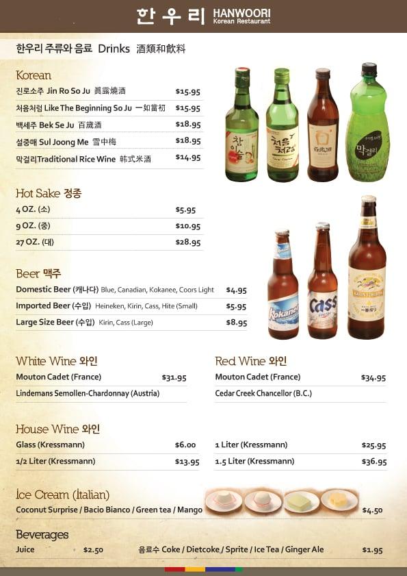 Menu at Hanwoori Korean Restaurant, Burnaby