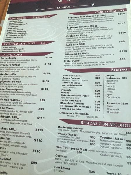 Menu at Restaurante La Victoria, Durango
