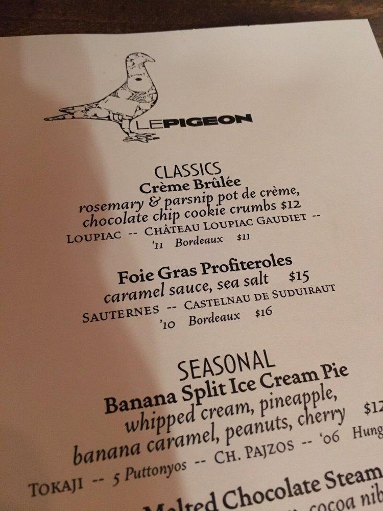 Menu at Le Pigeon restaurant, Portland