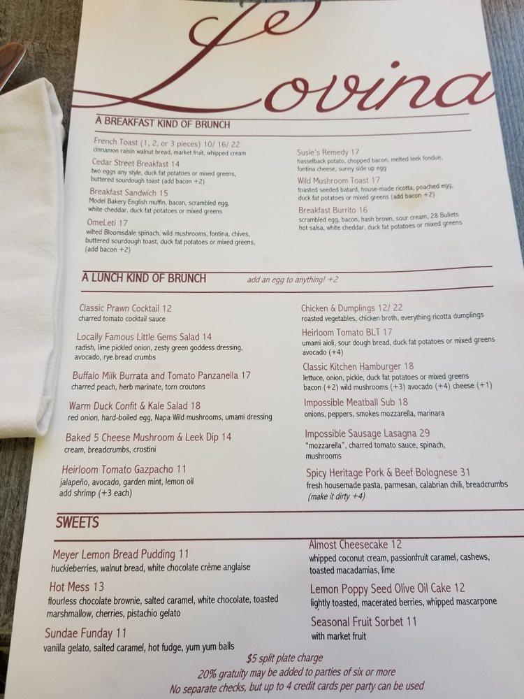 Menu at Lovina restaurant, Calistoga