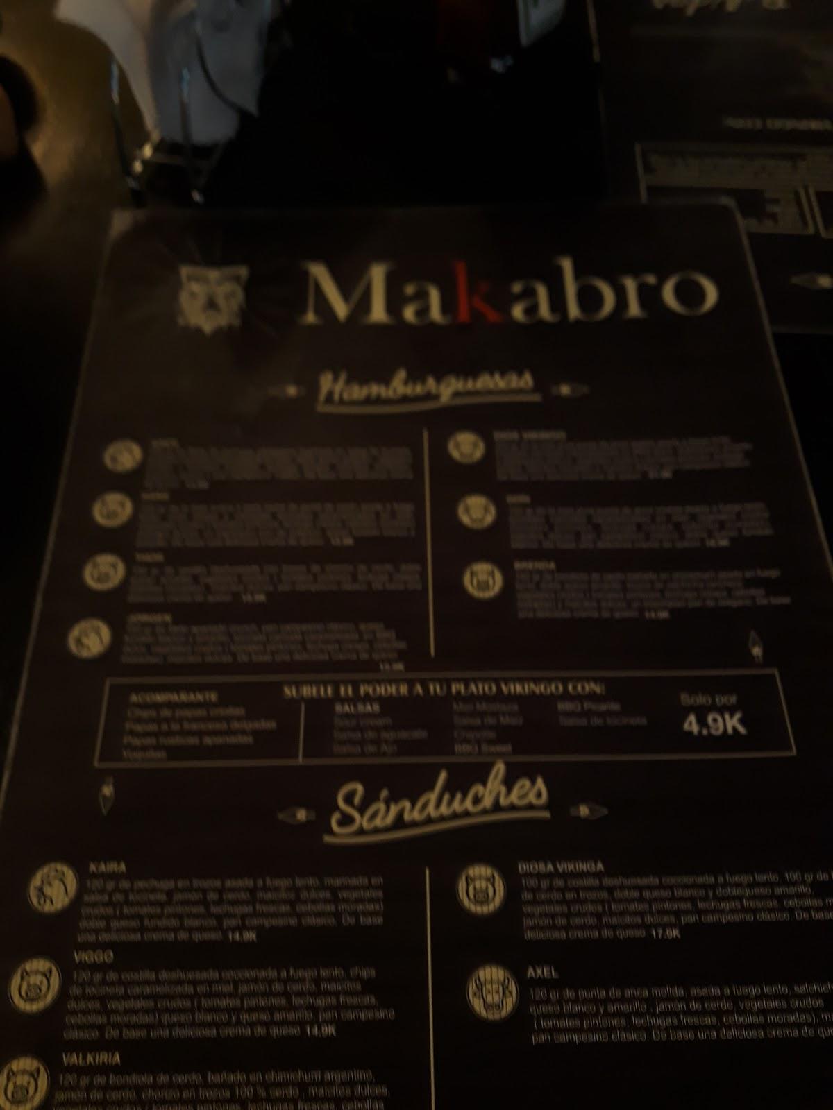 Carta del restaurante Makabro del la 80, Colombia