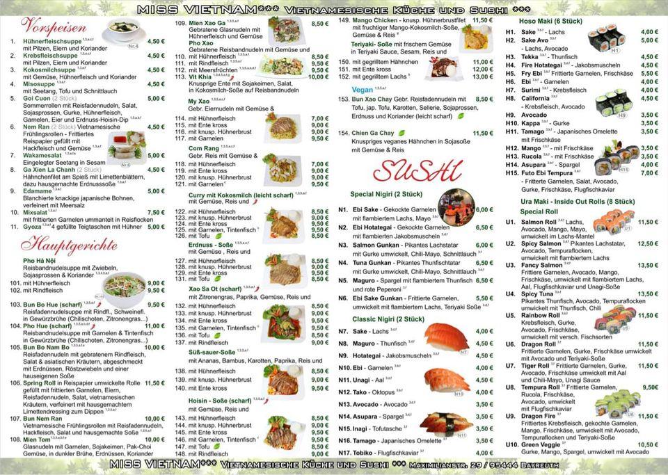 Speisekarte von Miss Vietnam restaurant, Bayreuth