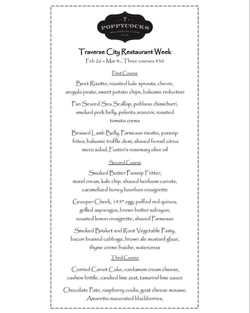 Menu at Poppycocks restaurant, Traverse City