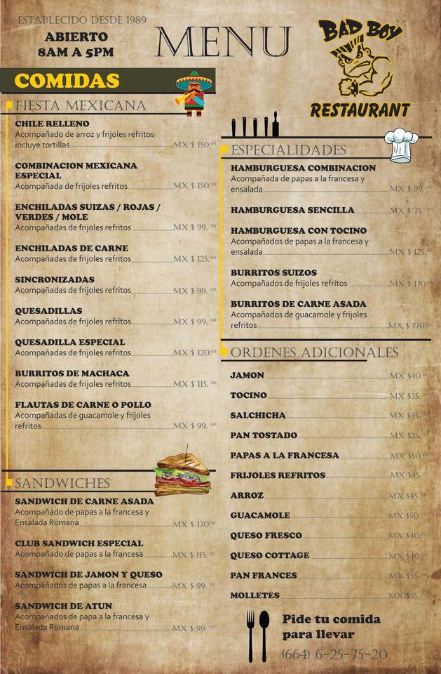 Menu at Restaurant BAD BOY 1, Tijuana, Av. Campos 34_B
