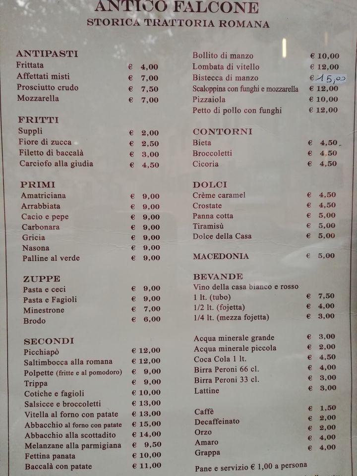 Menu da Trattoria Antico Falcone ristorante, Roma, Via Trionfale
