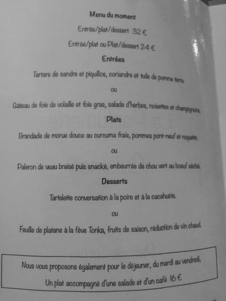 Menu at La Parfumerie restaurant, Viviers-du-Lac