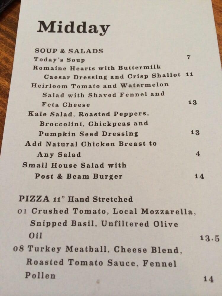 Menu at Post & Beam pizzeria, Los Angeles