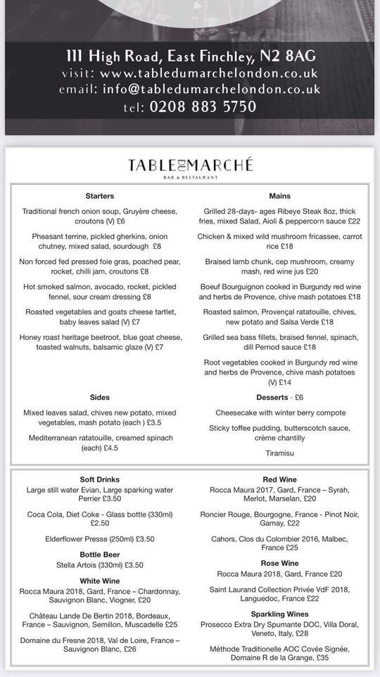 Menu at Table Du Marche restaurant, London