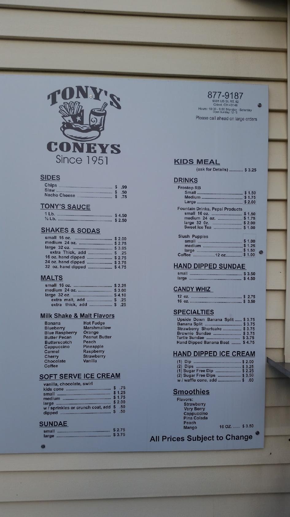 Menu at Tony's Coneys restaurant, Columbus