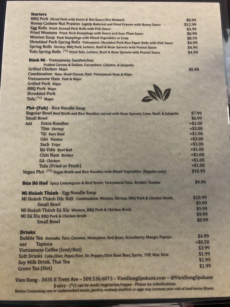 Menu at Vien Dong Restaurant, Spokane, E Trent Ave