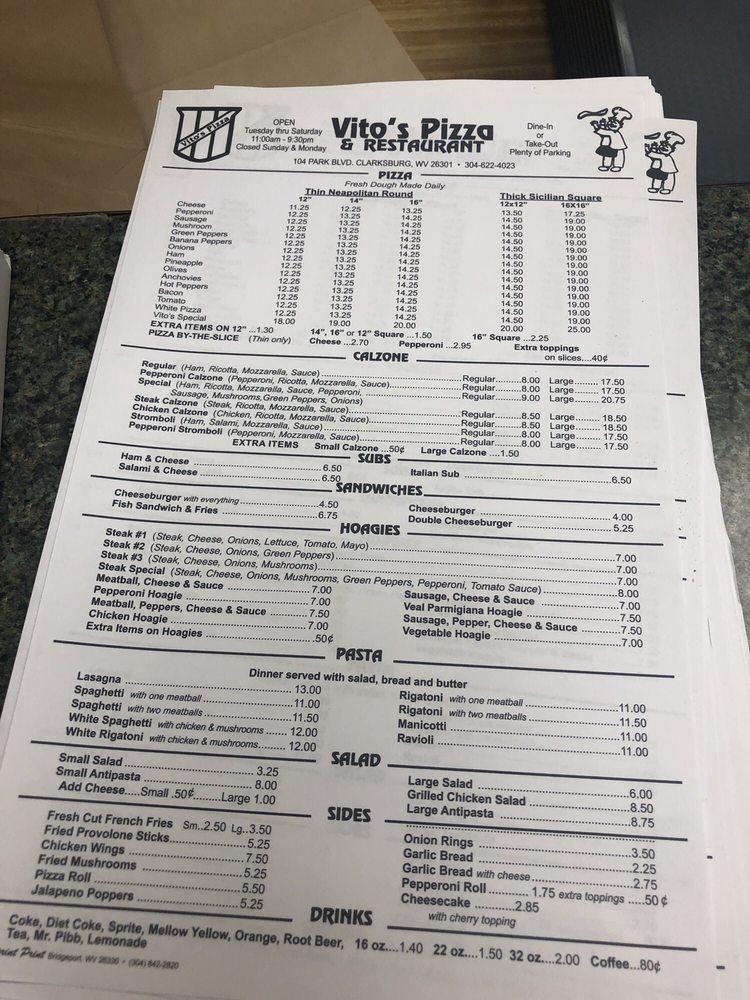 Menu at Vito's Pizza pizzeria, Clarksburg