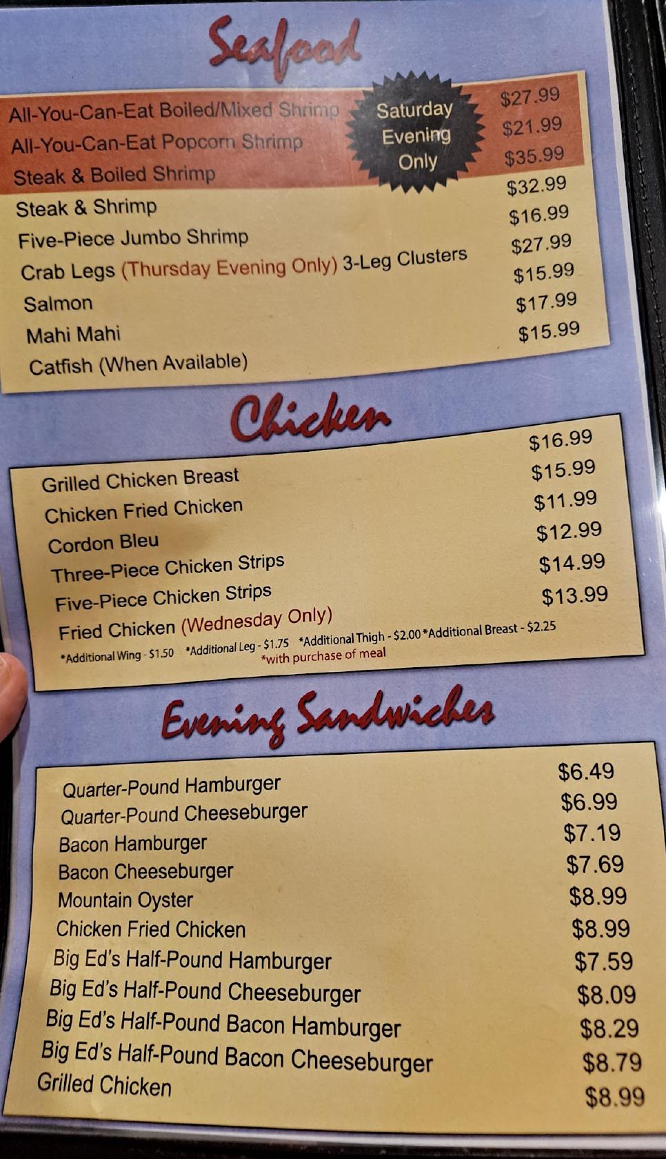 Menu at Big Ed's Steak House steakhouse, Thayer, 611 N Galveston St