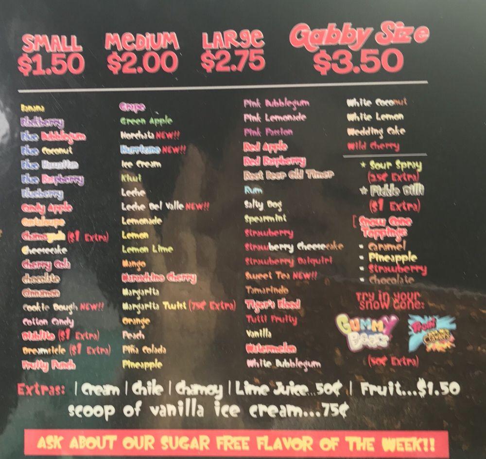 Menu at Gabby's Snow Cones desserts, Rosenberg