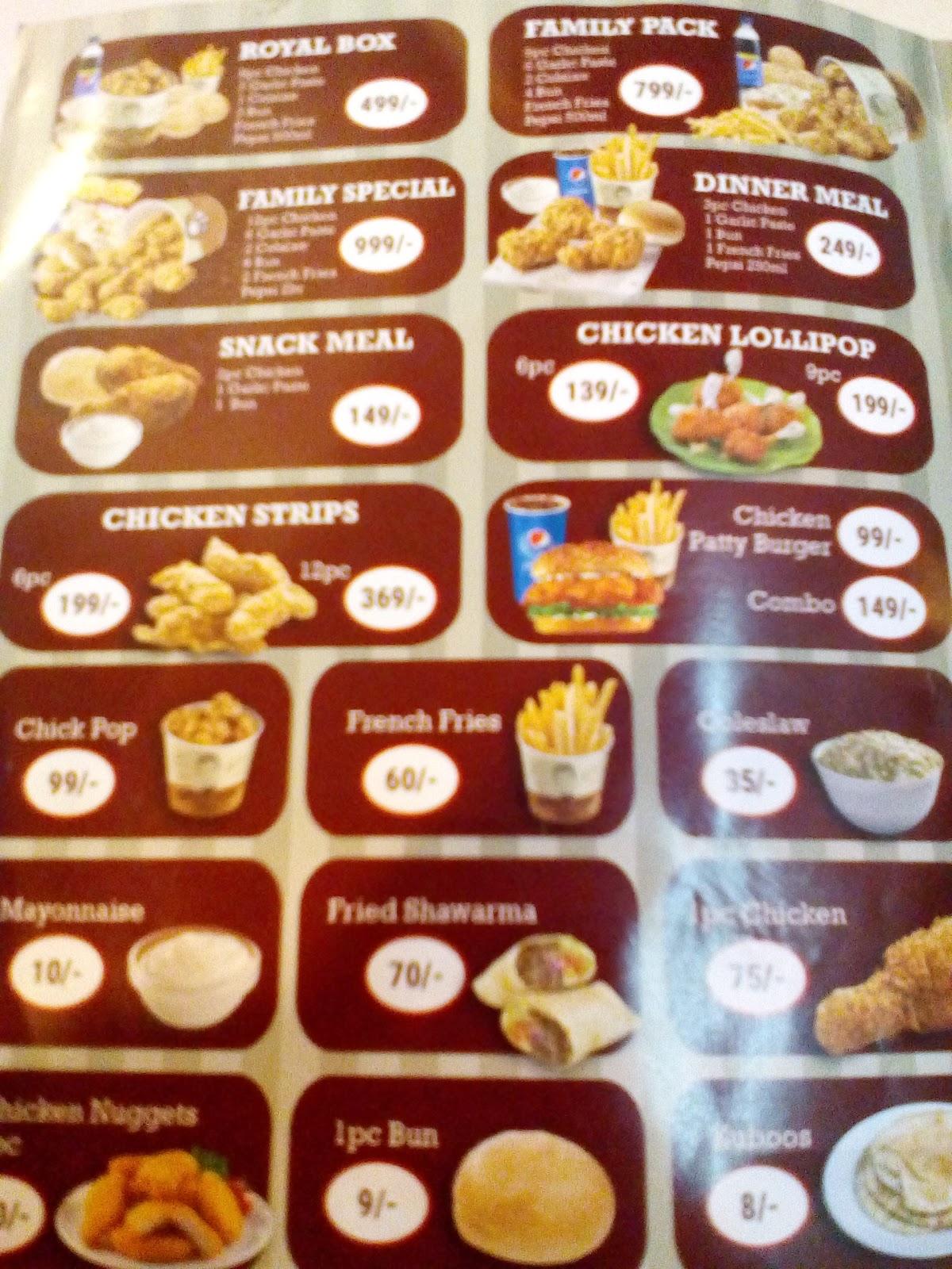 Menu at HFC (Ha-ji Fried Chicken), Kasaragod
