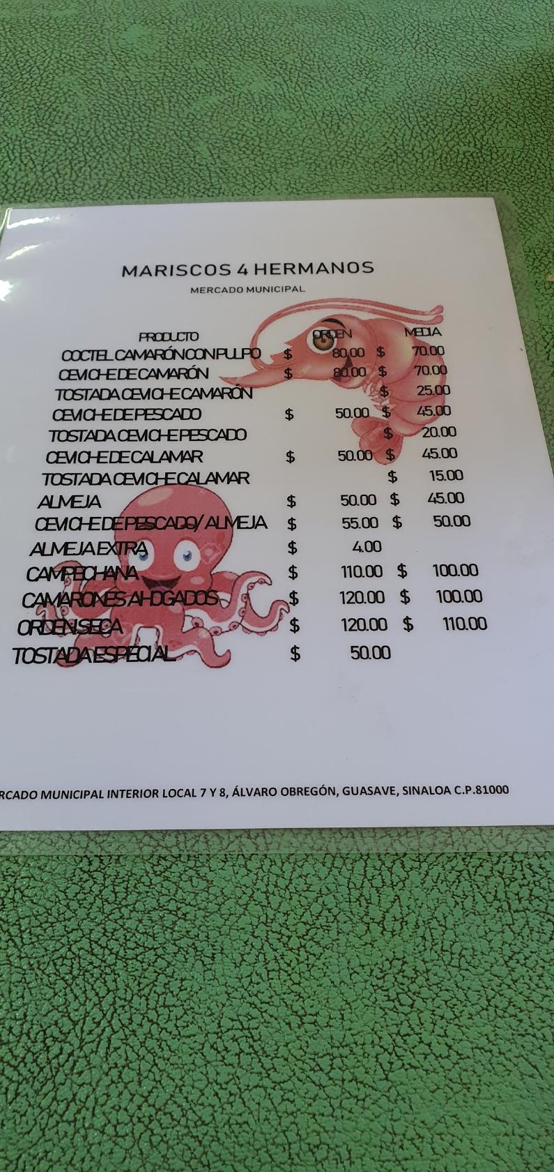 Menu at Mariscos 4 Hermanos restaurant, Guasave