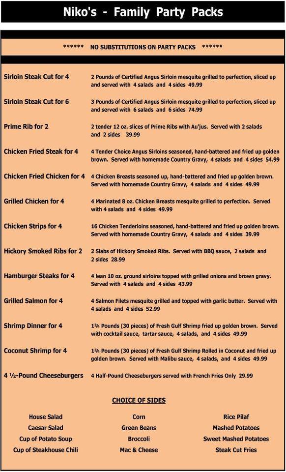 Menu at Niko's Steakhouse, Corpus Christi