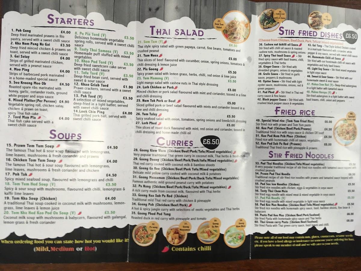 Menu at Tasty Thai restaurant, Sheffield