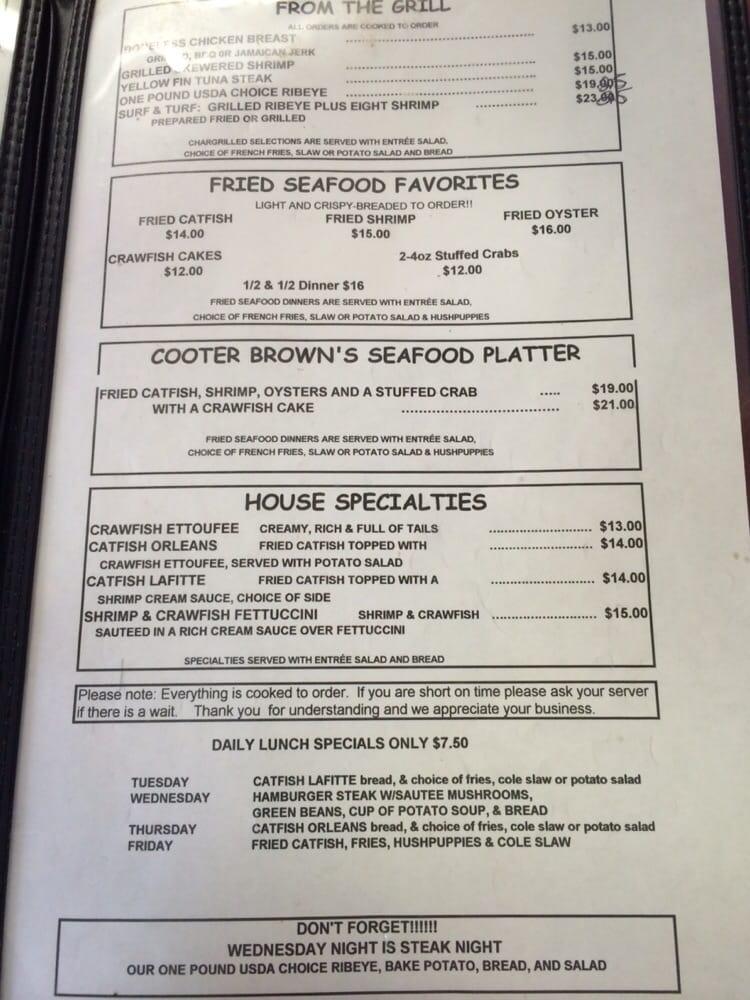 Menu at Cooter Brown's Seafood restaurant, Robert, U.S. Hwy 190