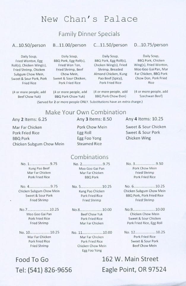 Menu at New Chan's Palace restaurant, Eagle Point