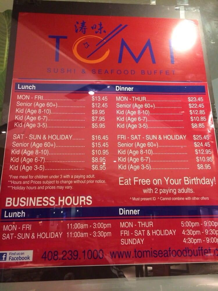 Menu at Tomi Sushi & Seafood Buffet restaurant, San Jose, Eastridge ...