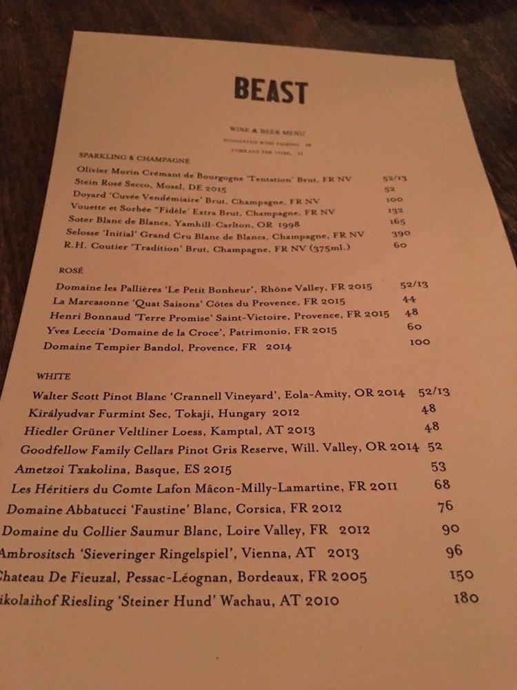 Menu at Beast restaurant, Portland