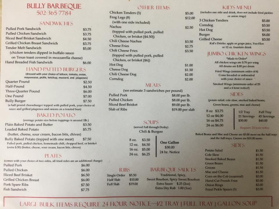 Menu at Bully Barbeque, La Grange, W U.S. Hwy 42