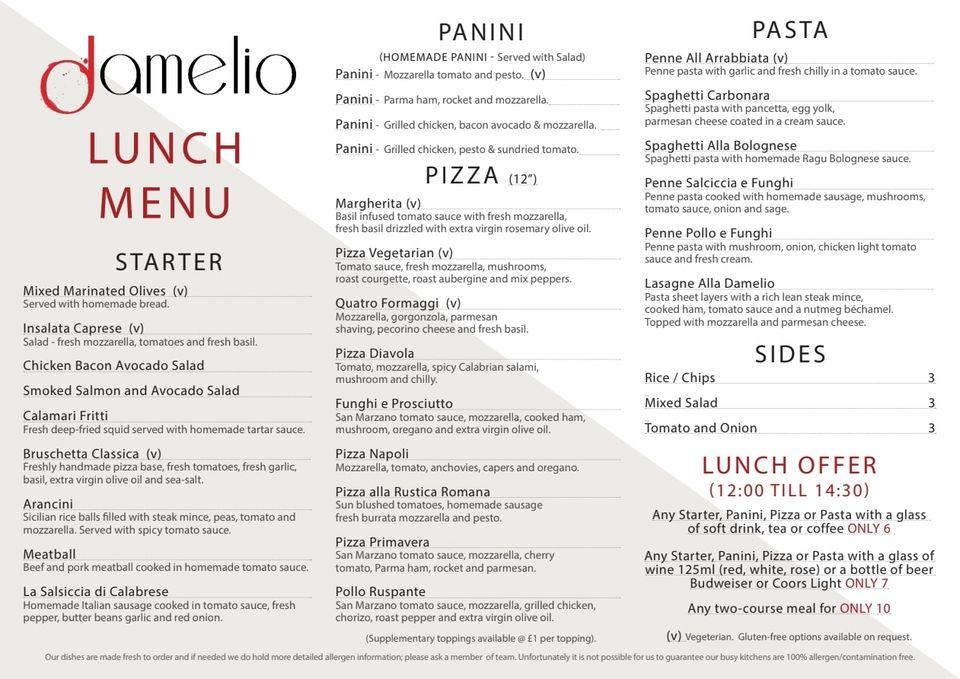 Menu at Damelio restaurant, Wakefield