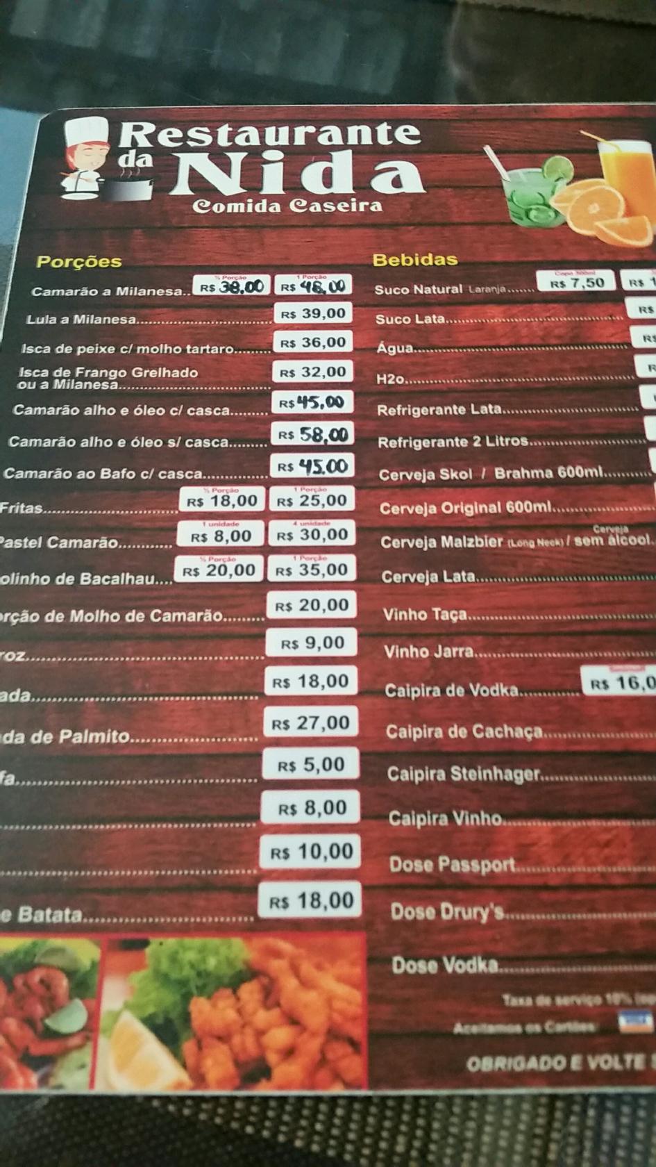Carta de Restaurante da Nida, Florianópolis, Rod. João Gualberto Soares