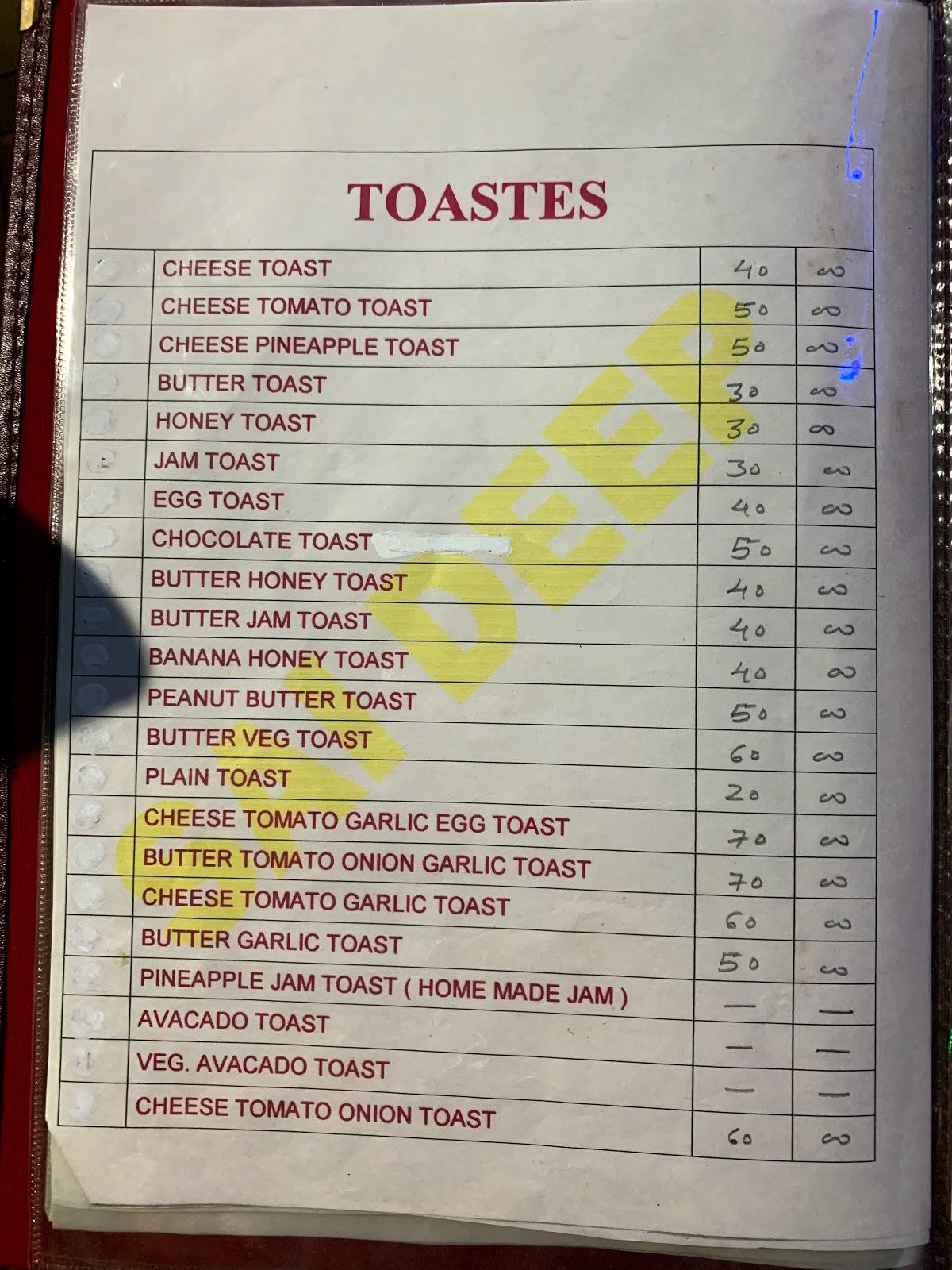 Menu at Sai Deep Restaraunt, Arambol