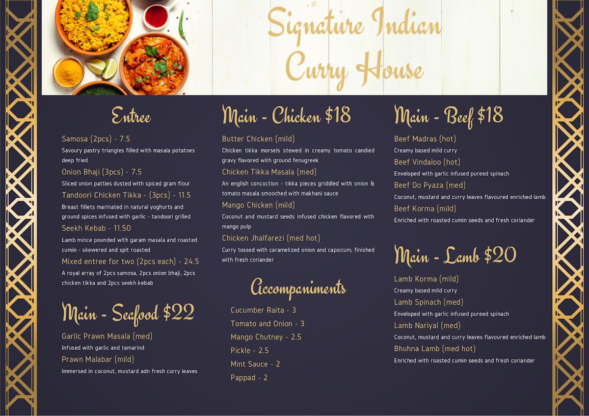 Menu at Signature Indian Curry House Dee Why restaurant, Dee Why