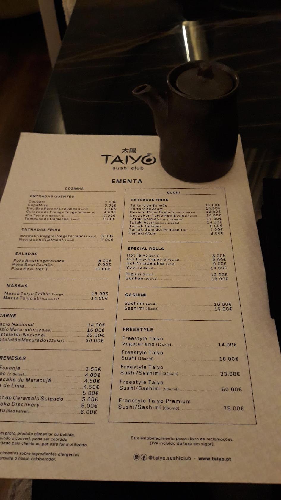 Menu at Taiyo Sushi Club, Chaves