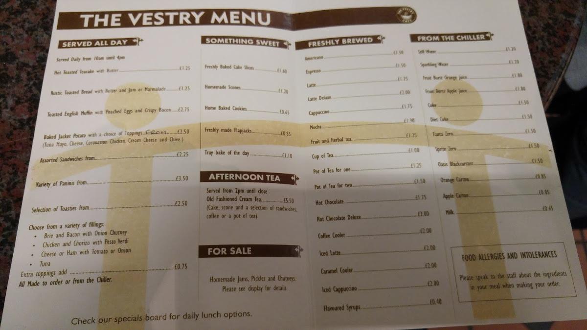 Menu at The Vestry cafe, Hartlepool