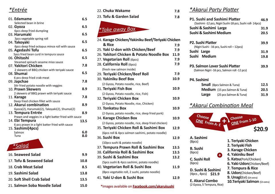 Menu at Akarui restaurant, Randwick, 2 Belmore Rd