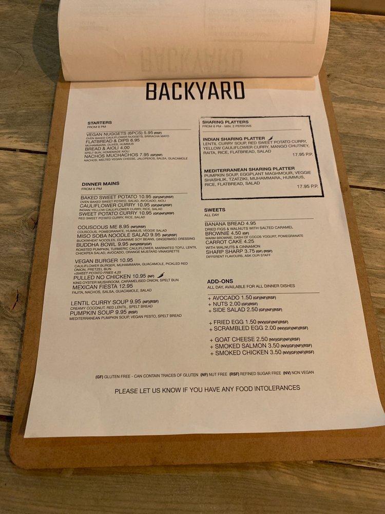 Menu at BACKYARD, Rotterdam