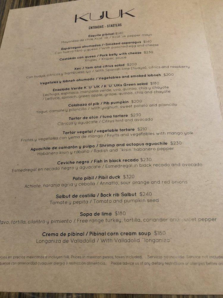 Menu at Kuuk restaurant, Merida, Av Rómulo Rozo 488