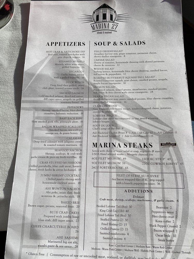 Menu at Marina 27 Steak & Seafood steakhouse, Lake Lotawana, 22 A St