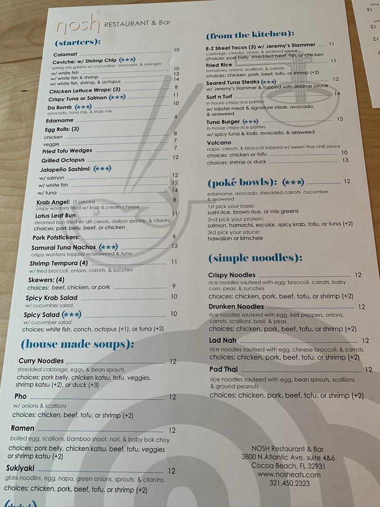 Menu at Nosh Restaurant & Bar, Cocoa Beach