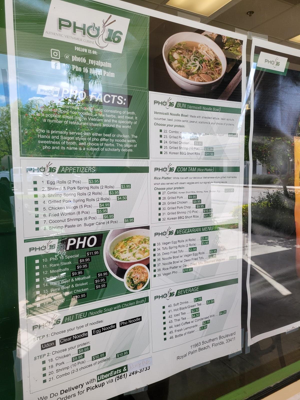 Menu at Pho 16 Royal Palm restaurant, Royal Palm Beach, Southern Blvd
