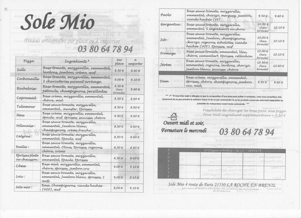 Menu at Solé Mio pizzeria, La Roche-en-Brenil, 80 route de Lyon