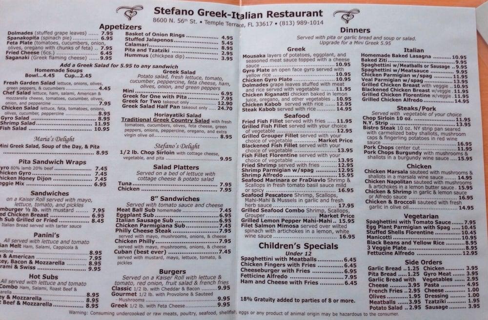 Menu at Stefano Greek Italian Restaurant, Temple Terrace, N 56th St