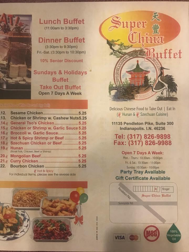 Menu at Super China Buffet restaurant, Indianapolis, Pendleton Pike ...