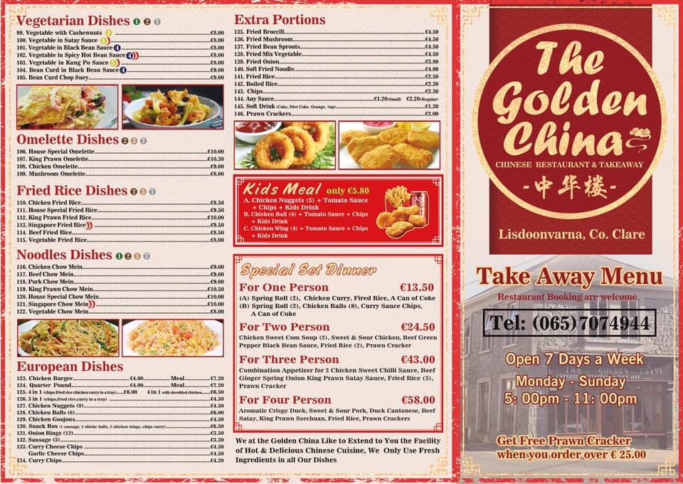 Menu at The Golden China restaurant, Lisdoonvarna