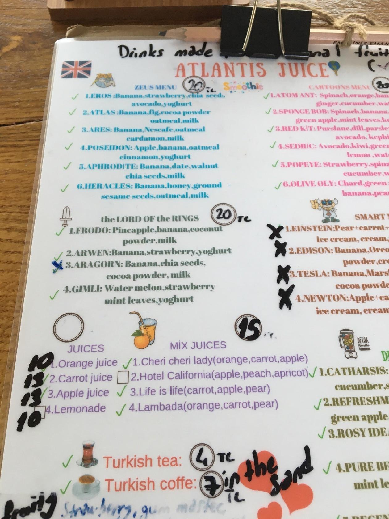 Menu at atlantis juice dondurma, Turkey