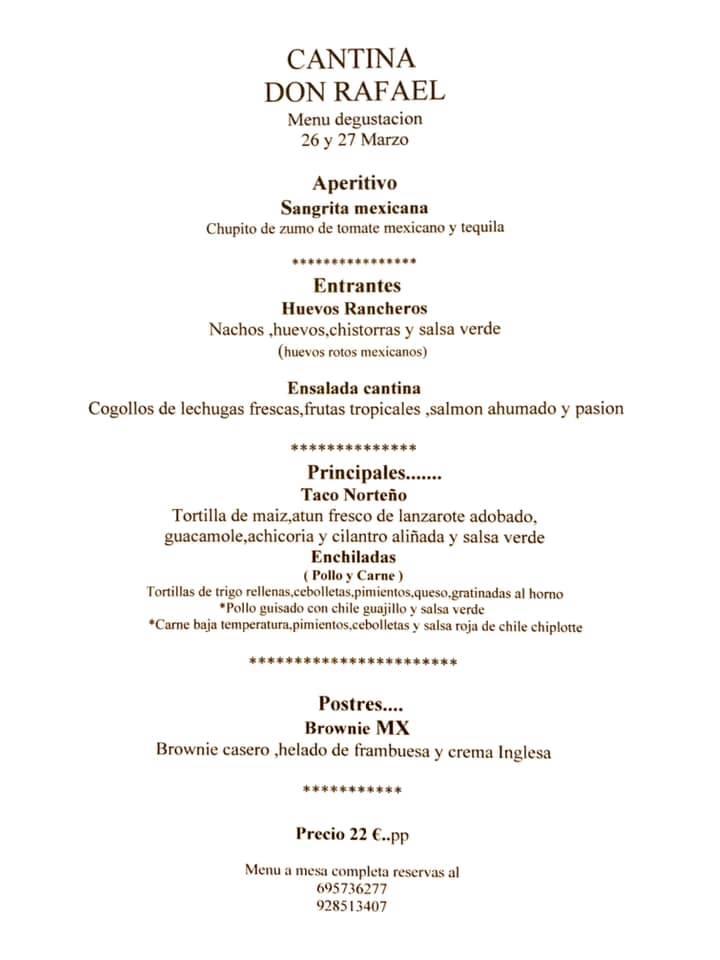 Menu at CANTINA DON RAFAEL restaurant, Puerto del Carmen, Av. de las Playas