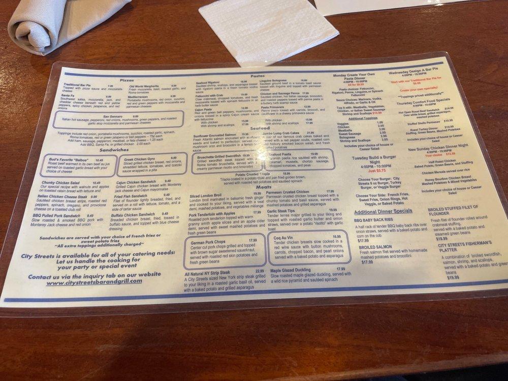 Menu at City Streets Bar & Grill, East Windsor